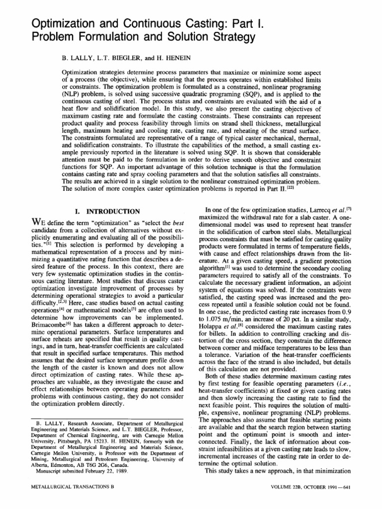 Optimization and Continuous Casting: Part I. Problem Formulation and ...