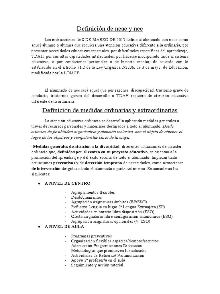 Definición de Neae y Nee 1 | PDF | Educación primaria | Inclusión ...