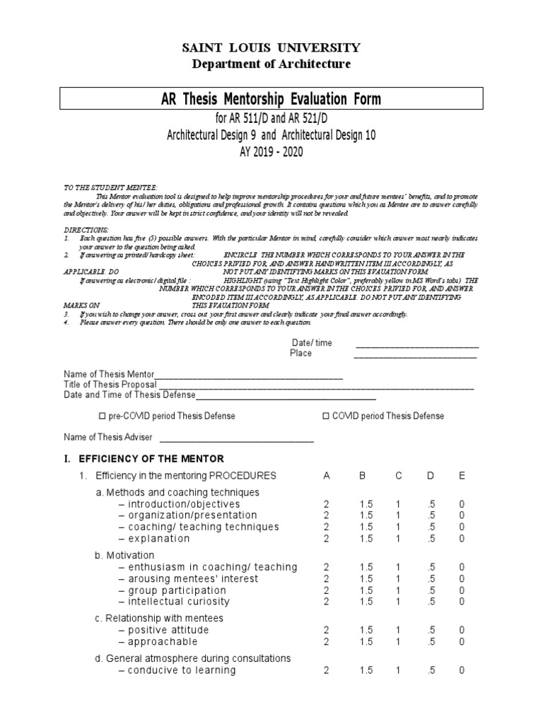 AR Thesis Mentorship Evaluation Form | Download Free PDF | Mentorship ...