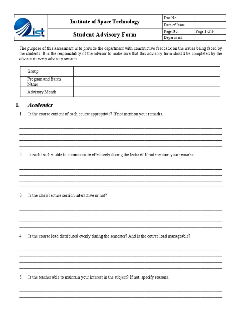 Student Advisory Form: Institute of Space Technology | PDF | Lecture ...