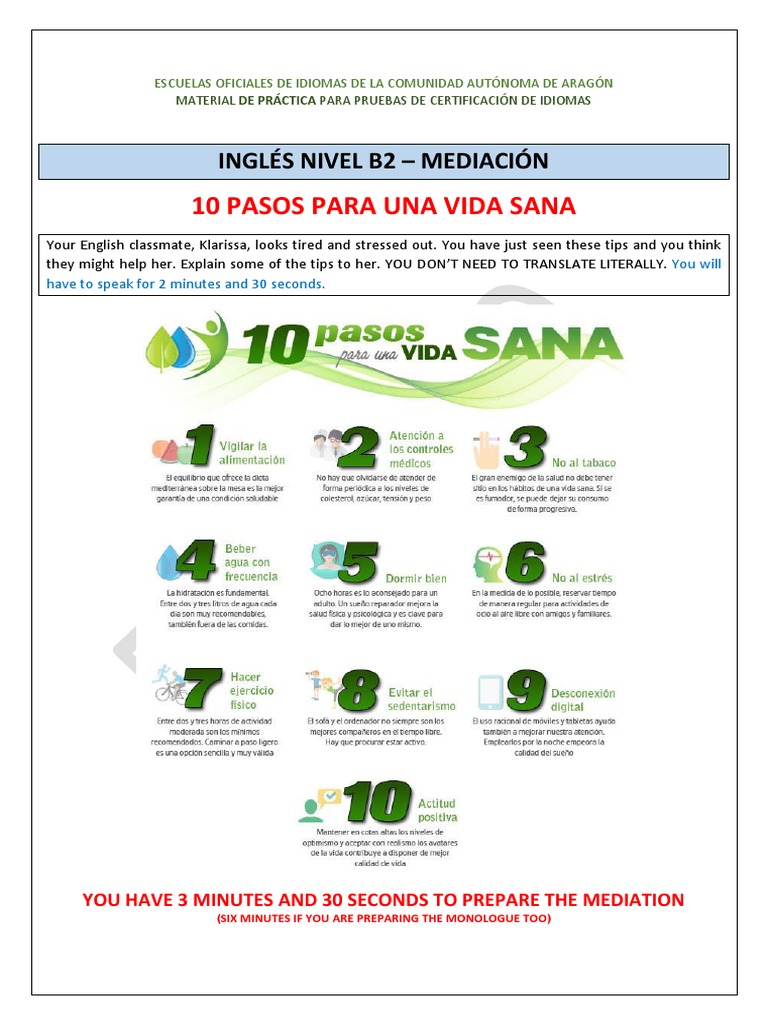 10 Pasos para Una Vida Sana: Inglés Nivel B2 - Mediación | PDF