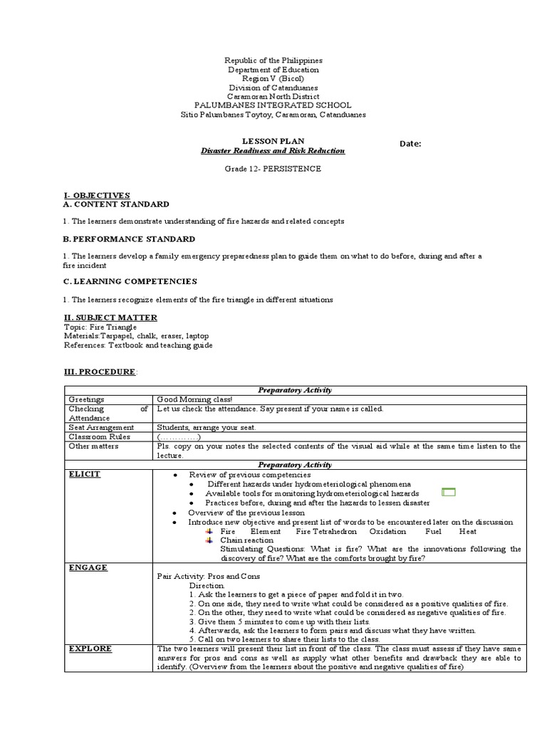 Lesson Plan: Disaster Readiness and Risk Reduction | PDF | Fires ...