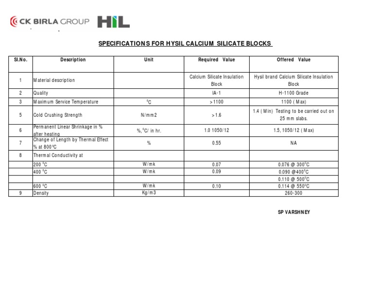 Specifications For Hysil Calcium Silicate Blocks: SL - No. Description ...