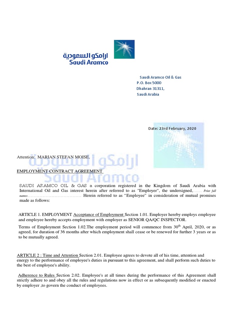 Saudi Aramco Employment Marian Stefan Moise-1 | PDF | Salary | Employment