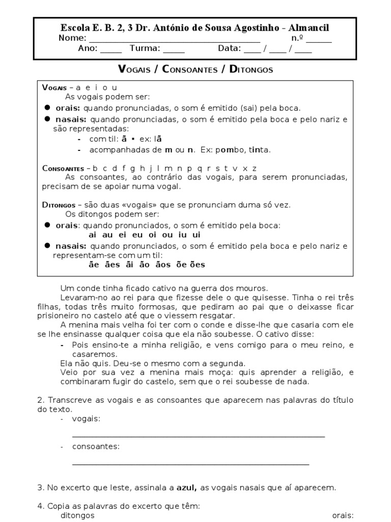 Atividades sobre Vogais e Ditongos | PDF | Vogal | Idiomas