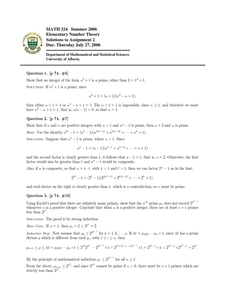 MATH 324 Summer 2006 Elementary Number Theory Solutions To Assignment 2 ...