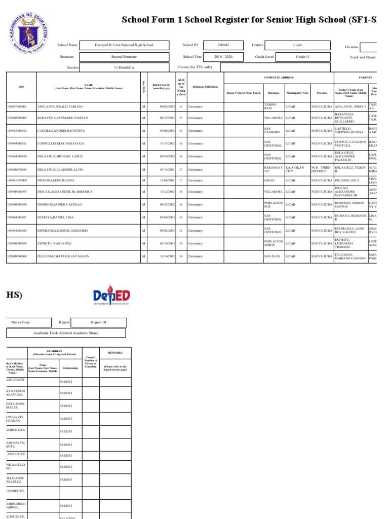 School Form 1 School Register For Senior High School (SF1-SHS) | PDF