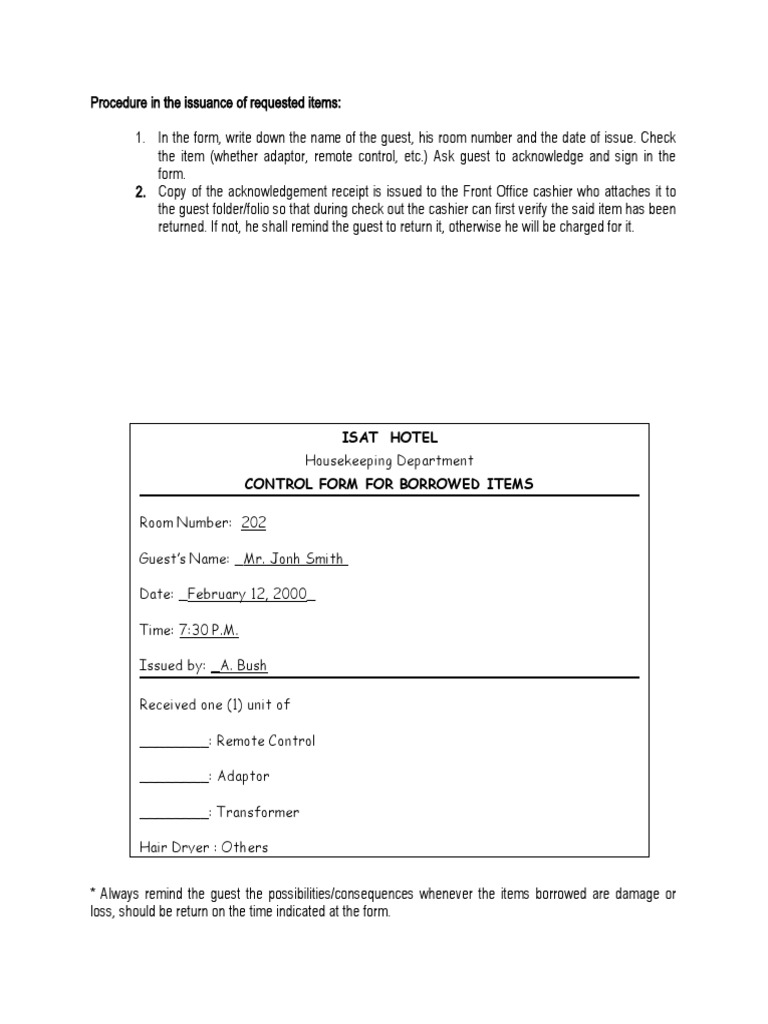 Housekeeping Department: Isat Hotel Control Form For Borrowed Items | PDF