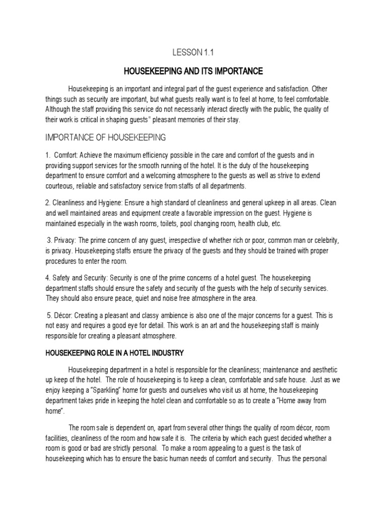 Lesson 1.1 Housekeeping and Its Importance | PDF | Housekeeping | Hygiene