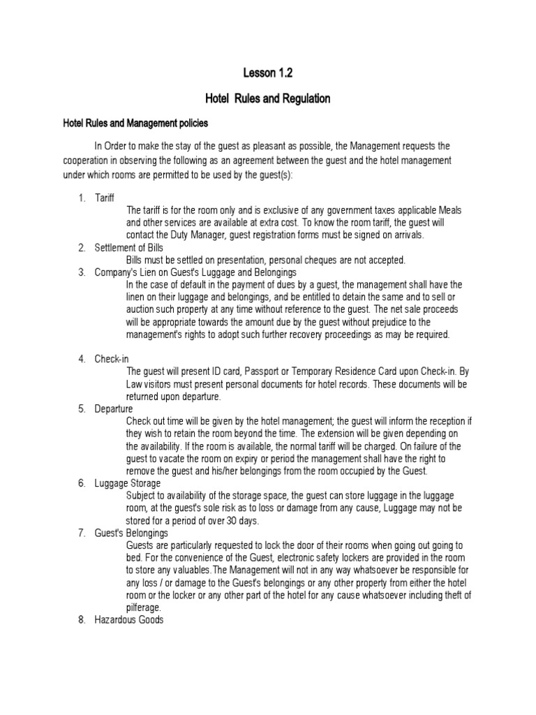Lesson 1.2 Hotel Rules and Regulation | PDF | Social Institutions ...