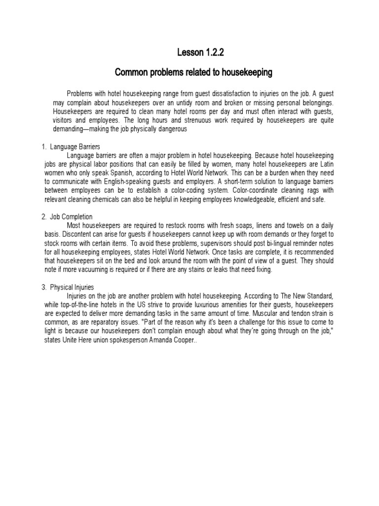 Lesson 1.2.2 Common Problems Related To Housekeeping | PDF