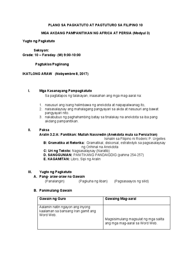 Lesson Plan Gr10-Ikatlong Araw | PDF
