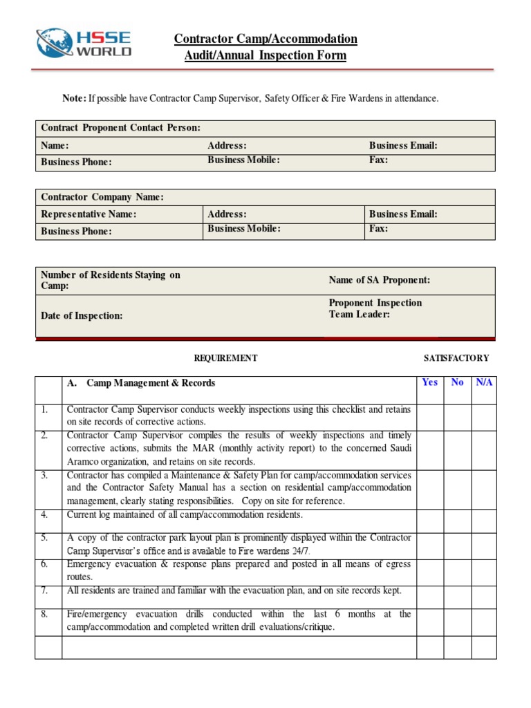 Camp Inspection Form PDF | PDF | Kitchen | Ac Power Plugs And Sockets