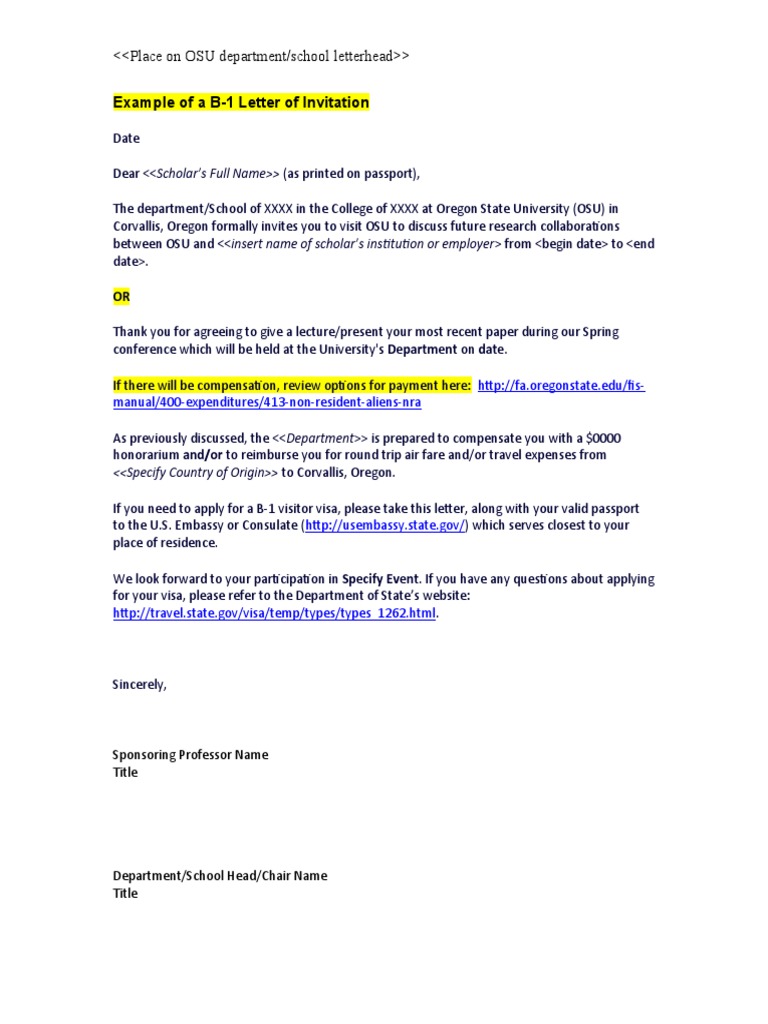 B-1 Visa Invitation Letter Example | PDF