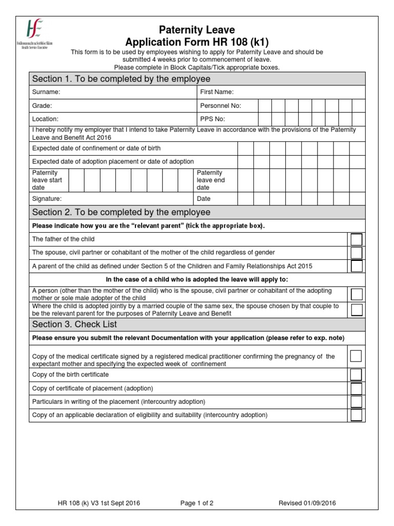 Paternity Leave Application Form HR 108 (k1) : Section 1. To Be ...
