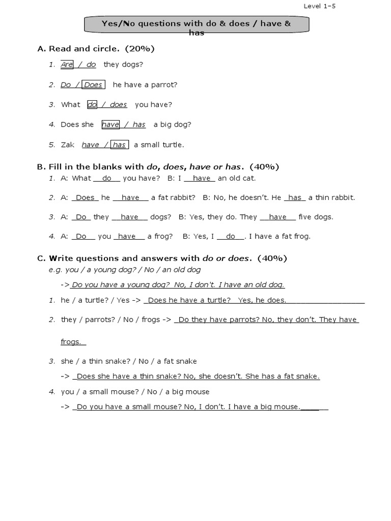 Grammar Practice Level 1 Unit 5 - Answer | PDF