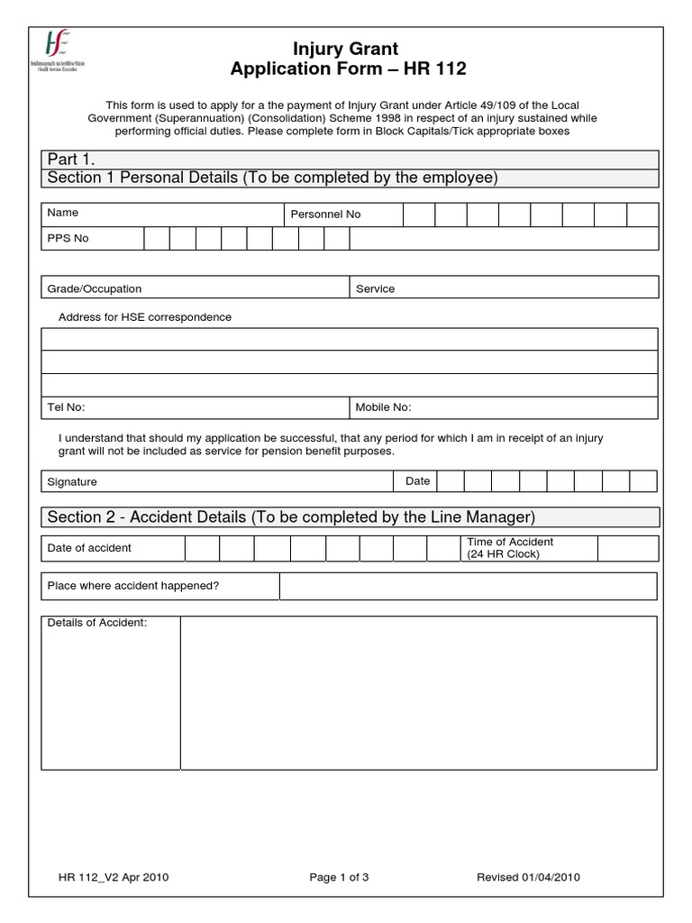Injury Grant Application Form - HR 112: Section 1 Personal Details (To ...
