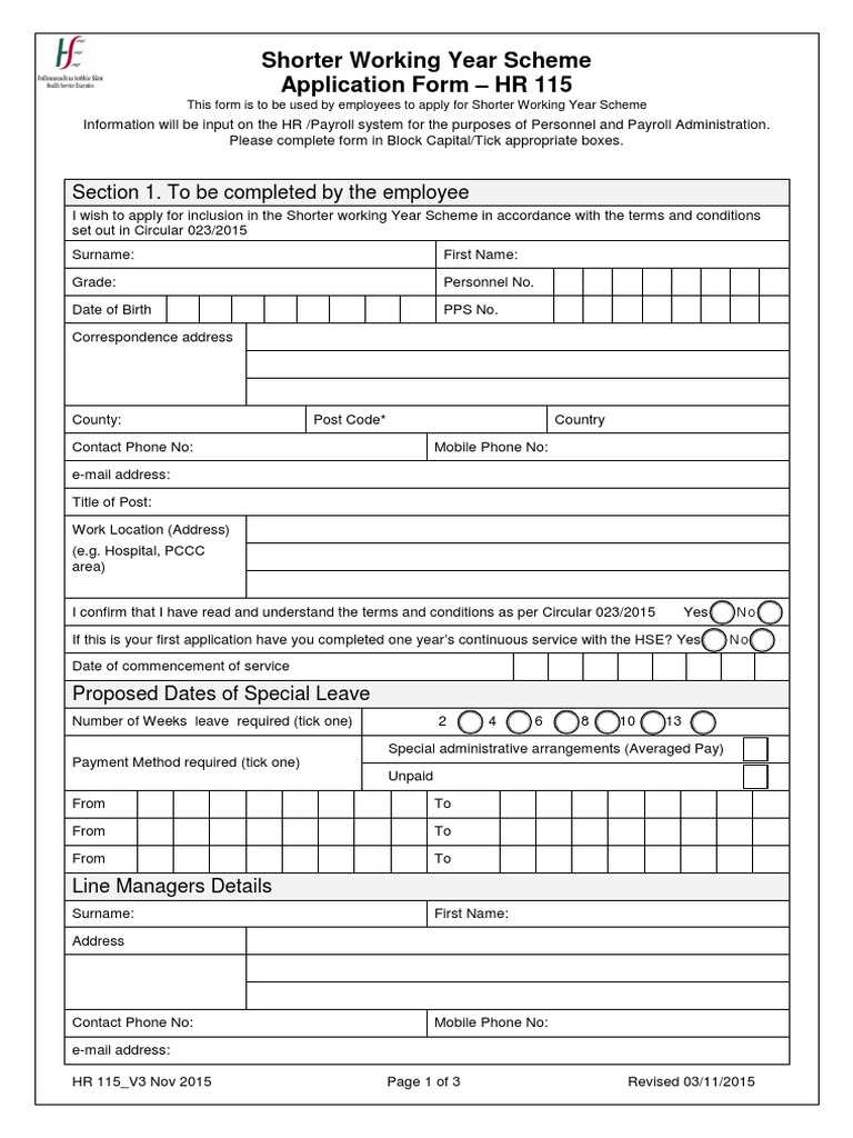 Shorter Working Year Scheme Application Form - HR 115: Section 1. To Be ...