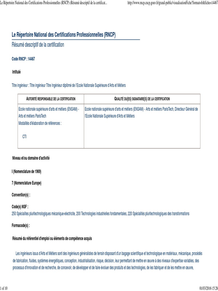 Résumé Descriptif de La Certification: Le Répertoire National Des Certifications ...