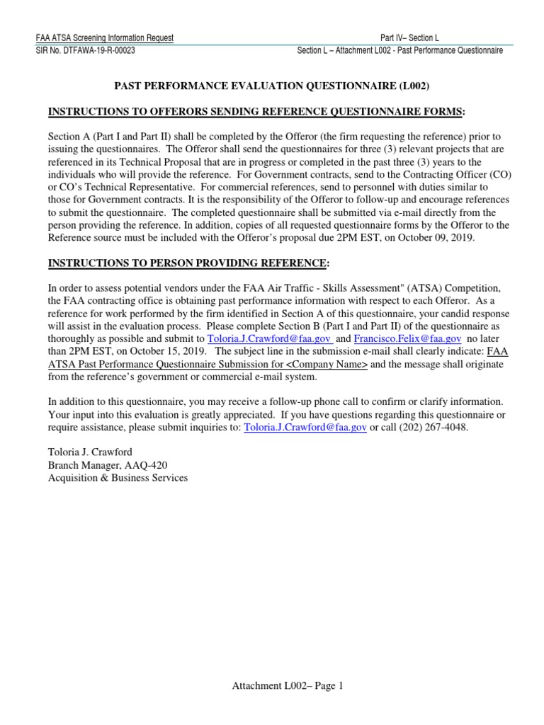 ATSA Administration Attachment L002 - Past Performance Questionnaire ...