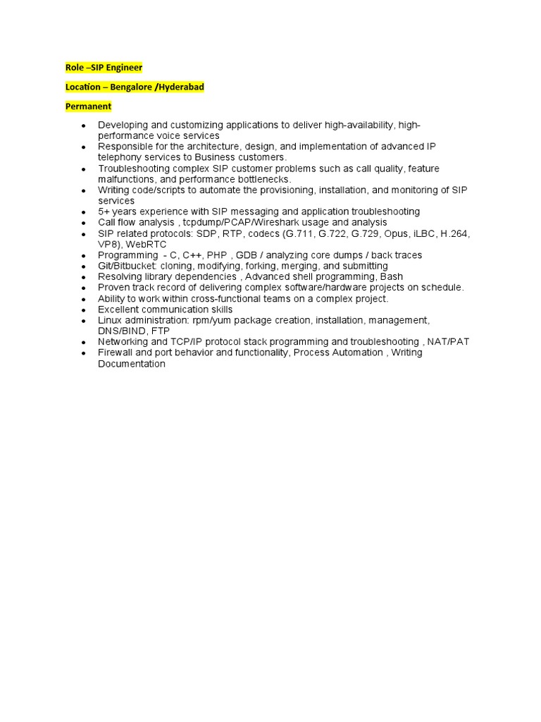 Role - SIP Engineer Location - Bengalore /hyderabad Permanent | PDF