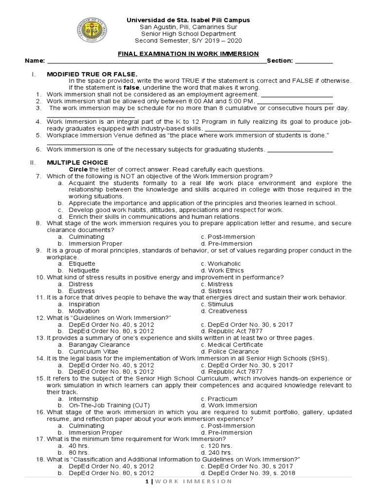 Universidad de Sta. Isabel Pili Campus: Work Immersion | PDF | Test ...
