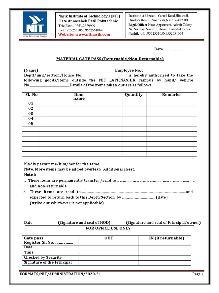 Material Gate Pass Returnable Non Returnable Nasik Institute Of