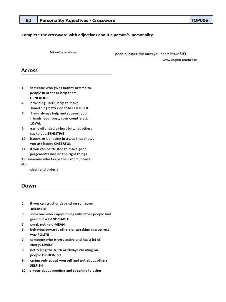 Personality Adjectives - Crossword - PDF Vocabulary Worksheet - B2 - SS ...