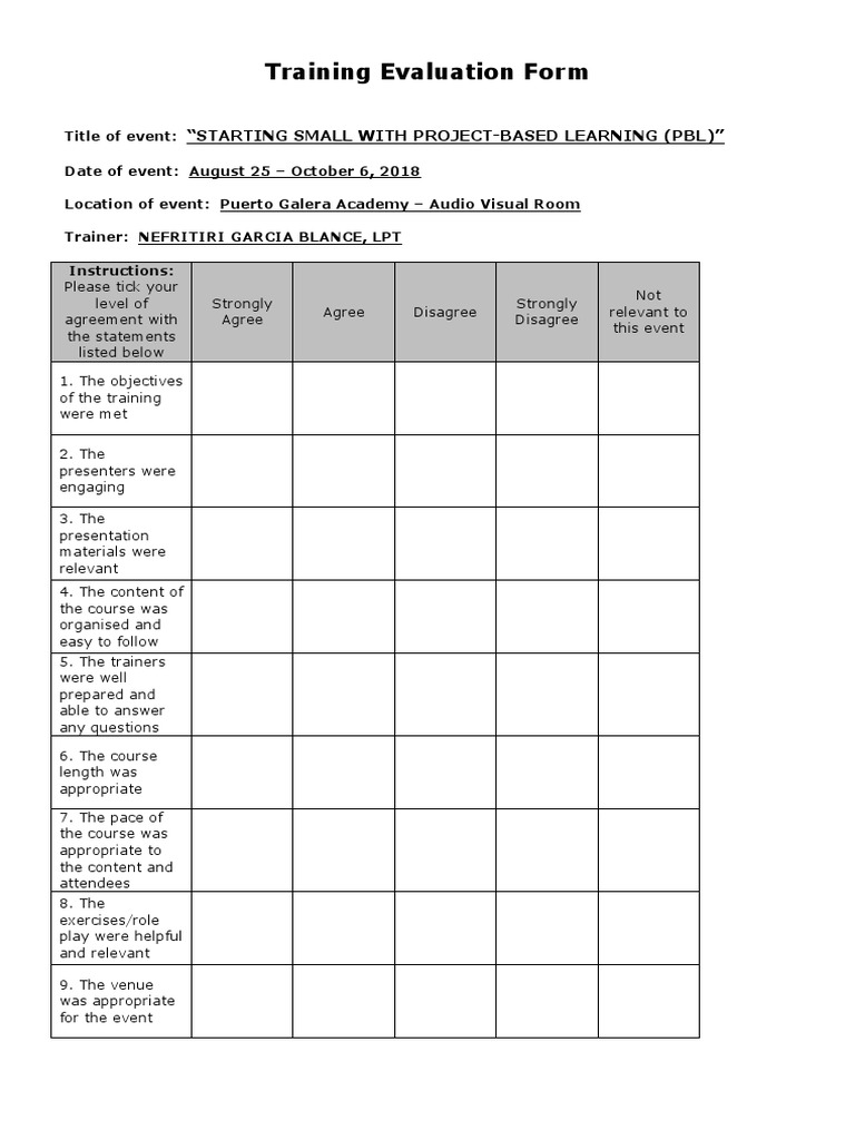 Training Evaluation Form: "Starting Small With Project-Based Learning ...