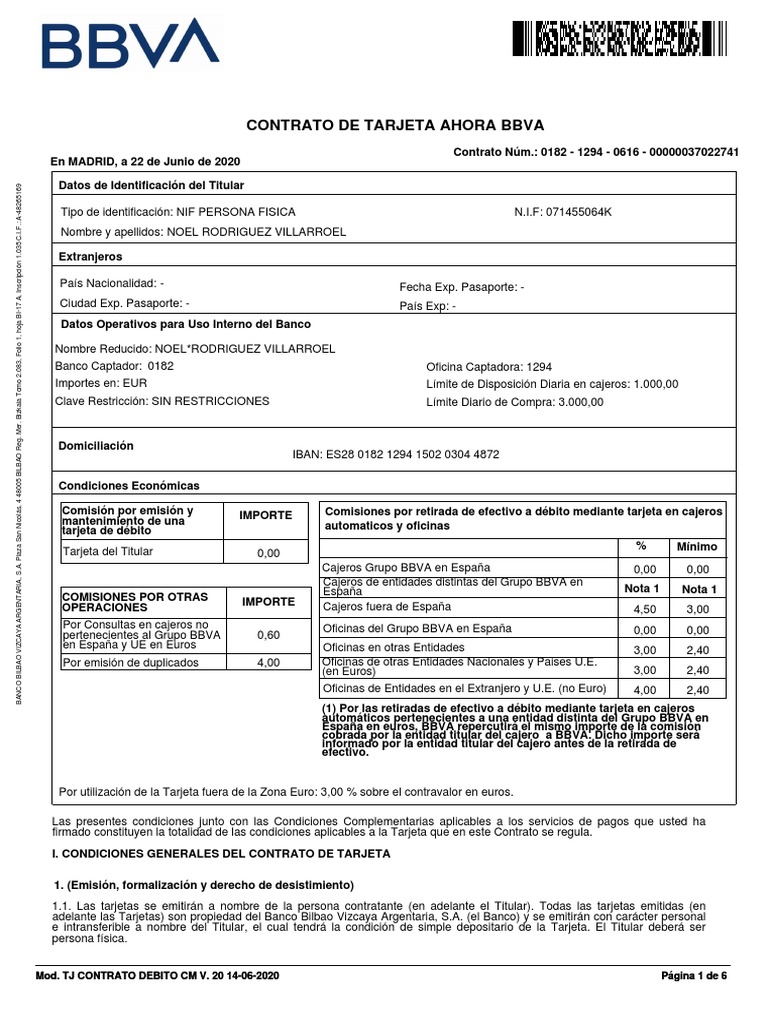 Contrato de Tarjeta Ahora Bbva | PDF | Tarjeta de débito | Bancos
