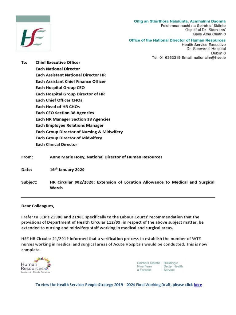 HSE HR Circular: Location Allowance Update | PDF | Nursing | Hospital