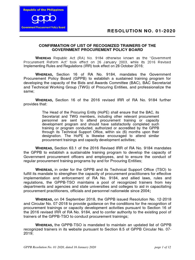 GPPB Resolution No. 01-2020 | PDF | Government | Public Sphere