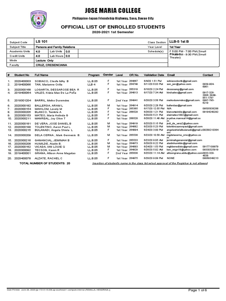Official List of Enrolled Students for Jose Maria College's 2020-2021 First Semester | PDF ...