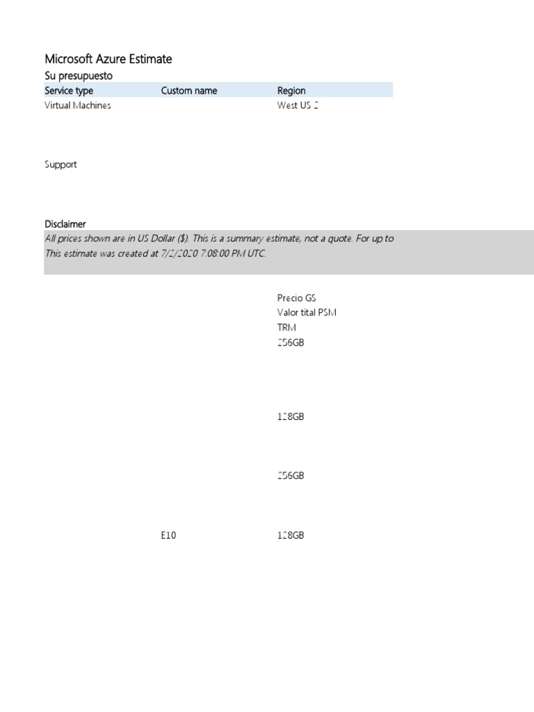 Microsoft Azure Estimate: Su Presupuesto | PDF | Operating System Families | Microsoft Software