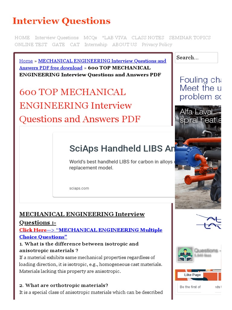 600+ TOP MECHANICAL ENGINEERING Interview Questions & Answers | PDF | Steel | Heat Treating