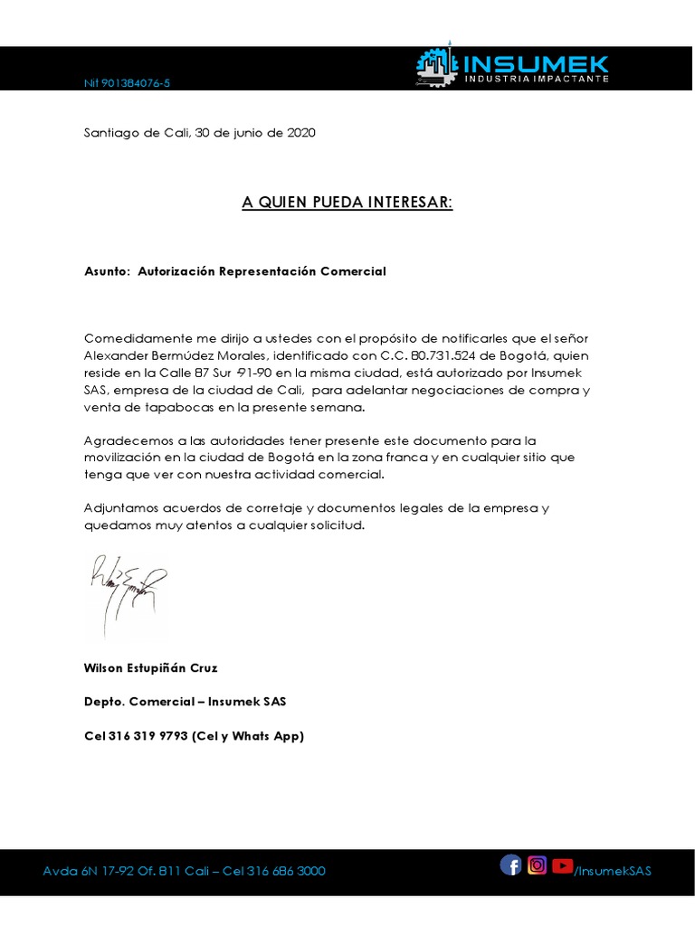 Carta Representación Comercial | PDF