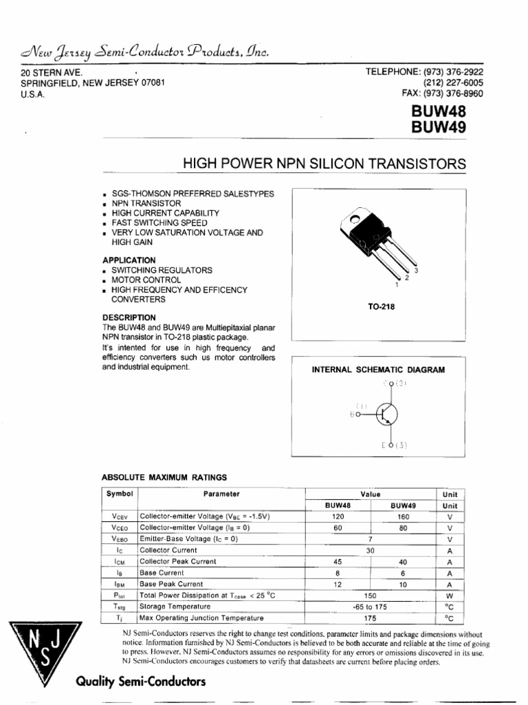 BUW48 BUW49: High Power NPN Silicon Transistors | PDF | Bipolar ...