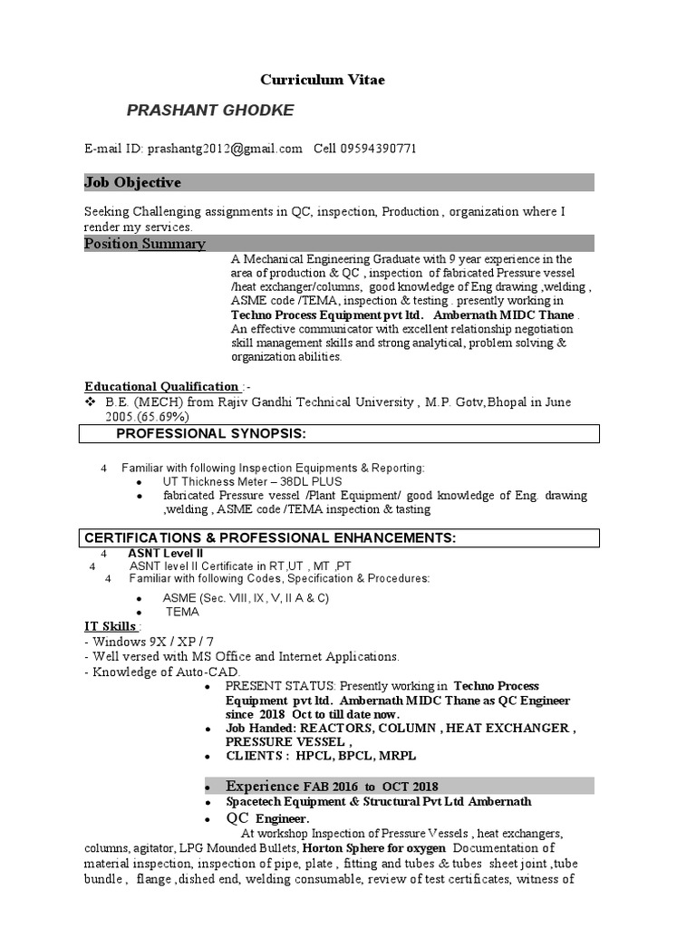 Prashant Ghodke: Curriculum Vitae | PDF | Pipe (Fluid Conveyance) | Welding