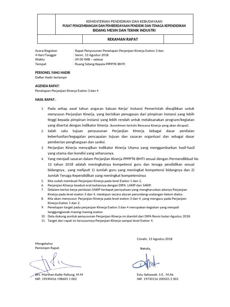 Contoh Notula Rapat Penyusunan Penetapan Perjanjian Kinerja Dan Absen ...