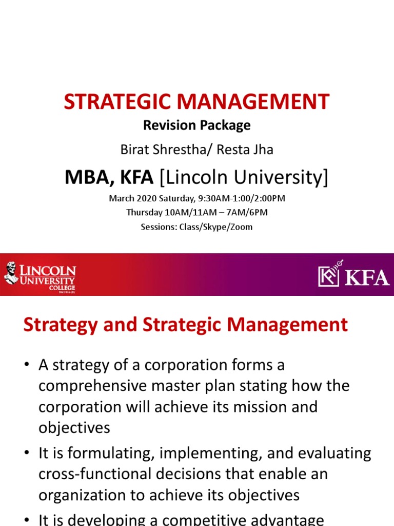 Strategic Management: MBA, KFA (Lincoln University) | PDF | Strategic ...