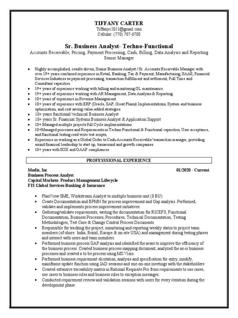 Sr. Business Analyst-Techno-Functional: Tiffany Carter | PDF | Share ...
