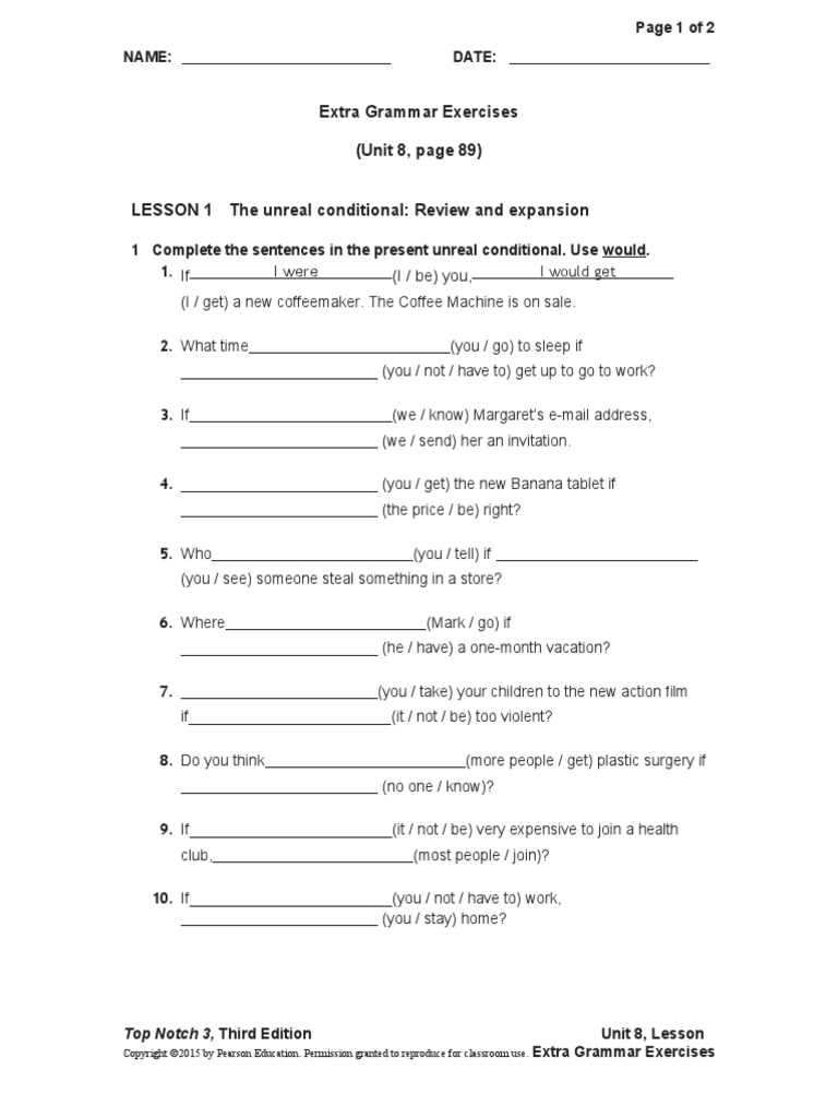 Extra Grammar Exercises (Unit 8, Page 89) : Top Notch 3, Third Edition | PDF