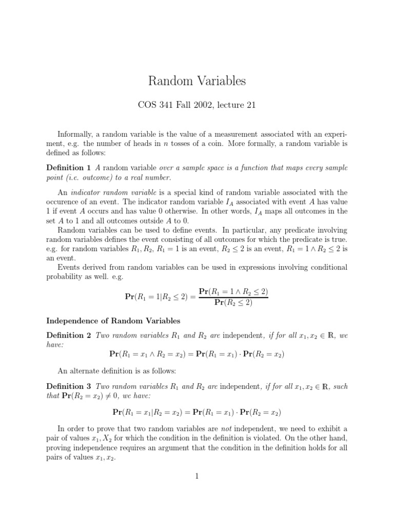 Random Variables: COS 341 Fall 2002, Lecture 21 | PDF