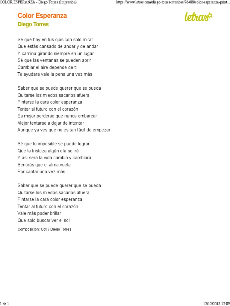 Letra de "Color Esperanza" de Diego Torres | PDF