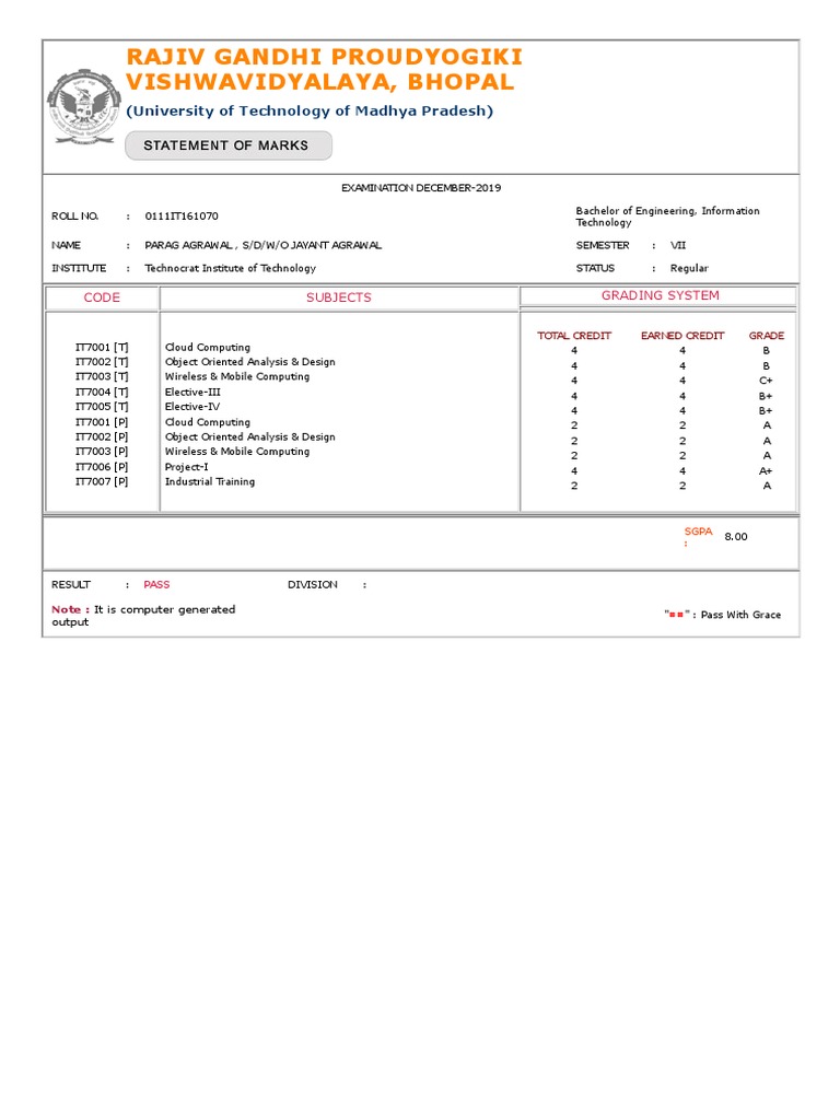 7th Semester Marksheet PDF | PDF | Electronics | Information And ...
