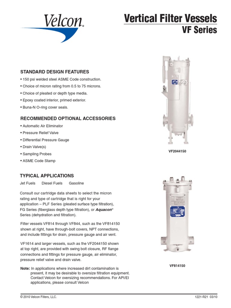 Vertical Filter Vessels: VF Series | PDF | Filtration | Valve