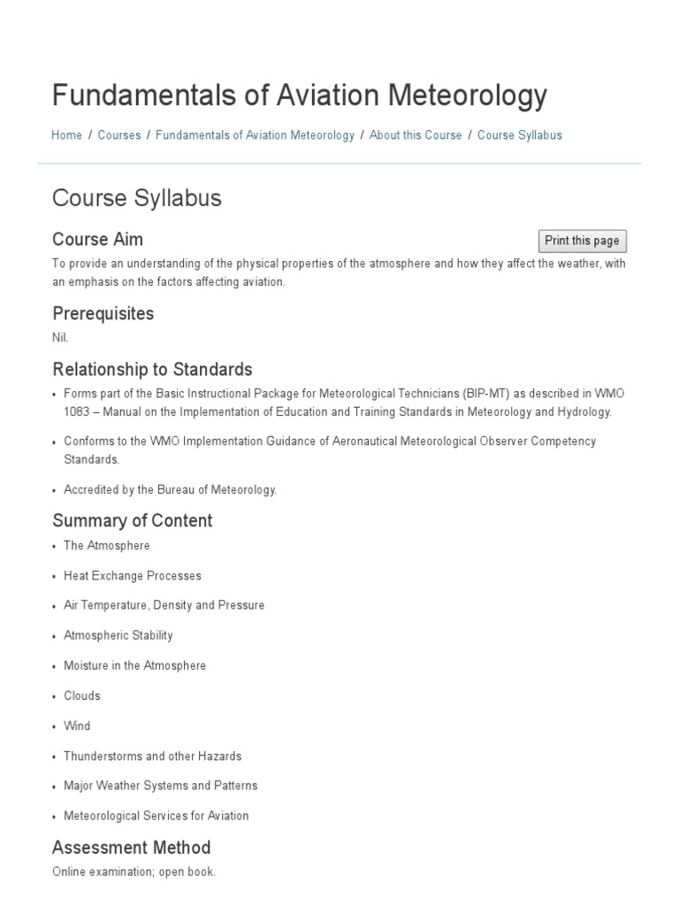 Fundamentals of Aviation Meteorology - Course Syllabus | PDF ...