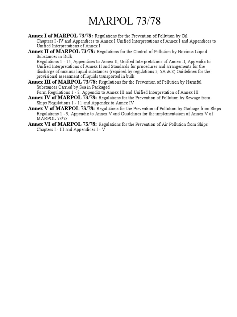 MARPOL 73/78: Annex I of MARPOL 73/78: Annex II of MARPOL 73/78 | PDF ...