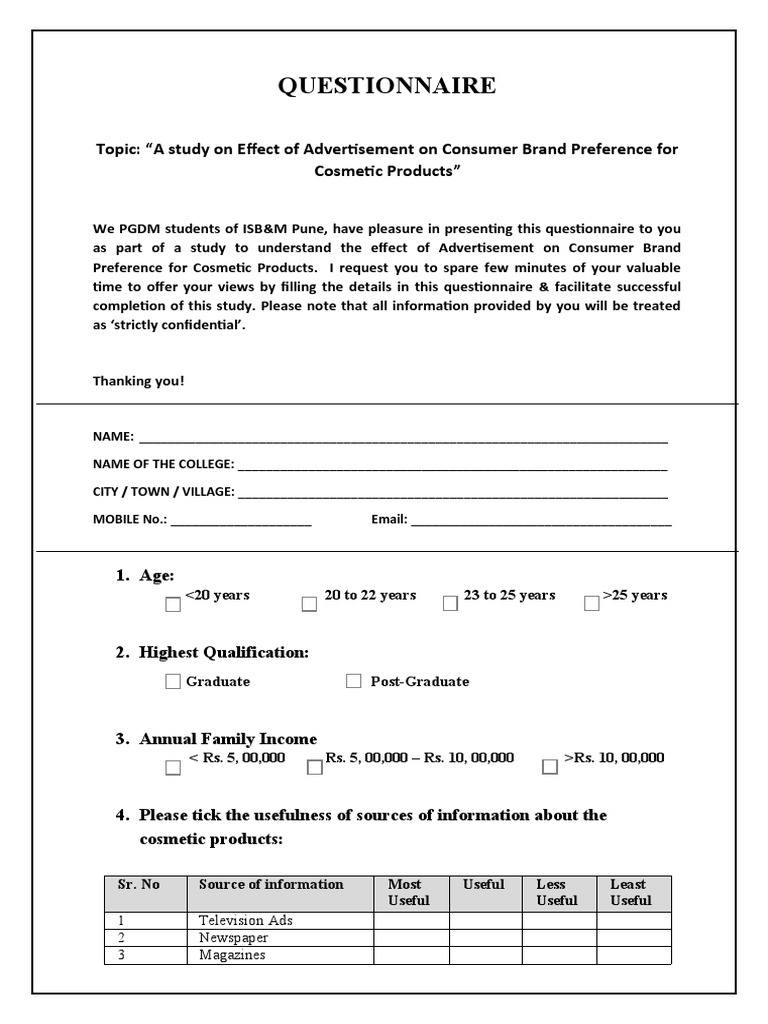 Questionnaire: Topic: "A Study On Effect of Advertisement On Consumer ...