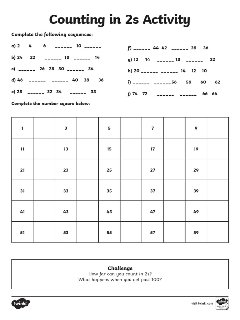 Counting in 2s Activity: Complete The Following Sequences | Download ...